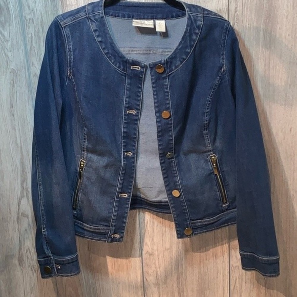 Chico's Denim Jacket With Gold Buttons And Zippers - Gem